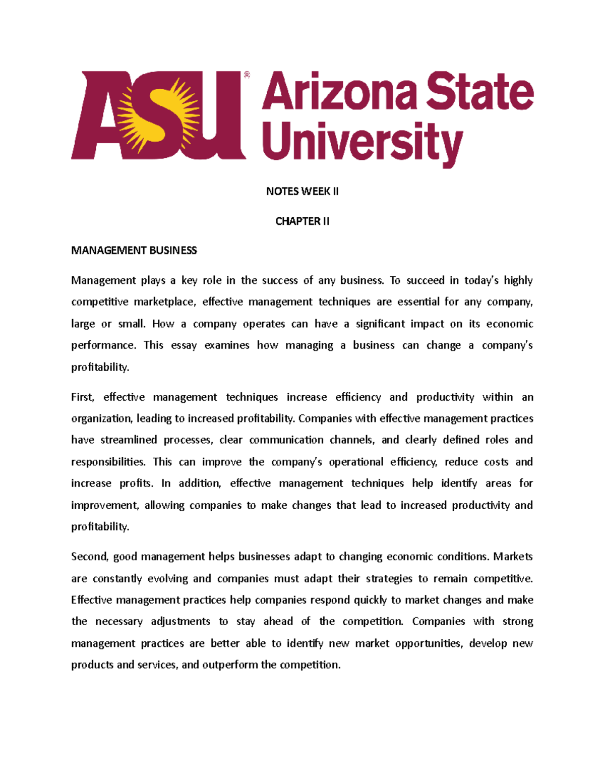 Notes Week 2 Manage Management In Business IBC 570 - NOTES WEEK II ...