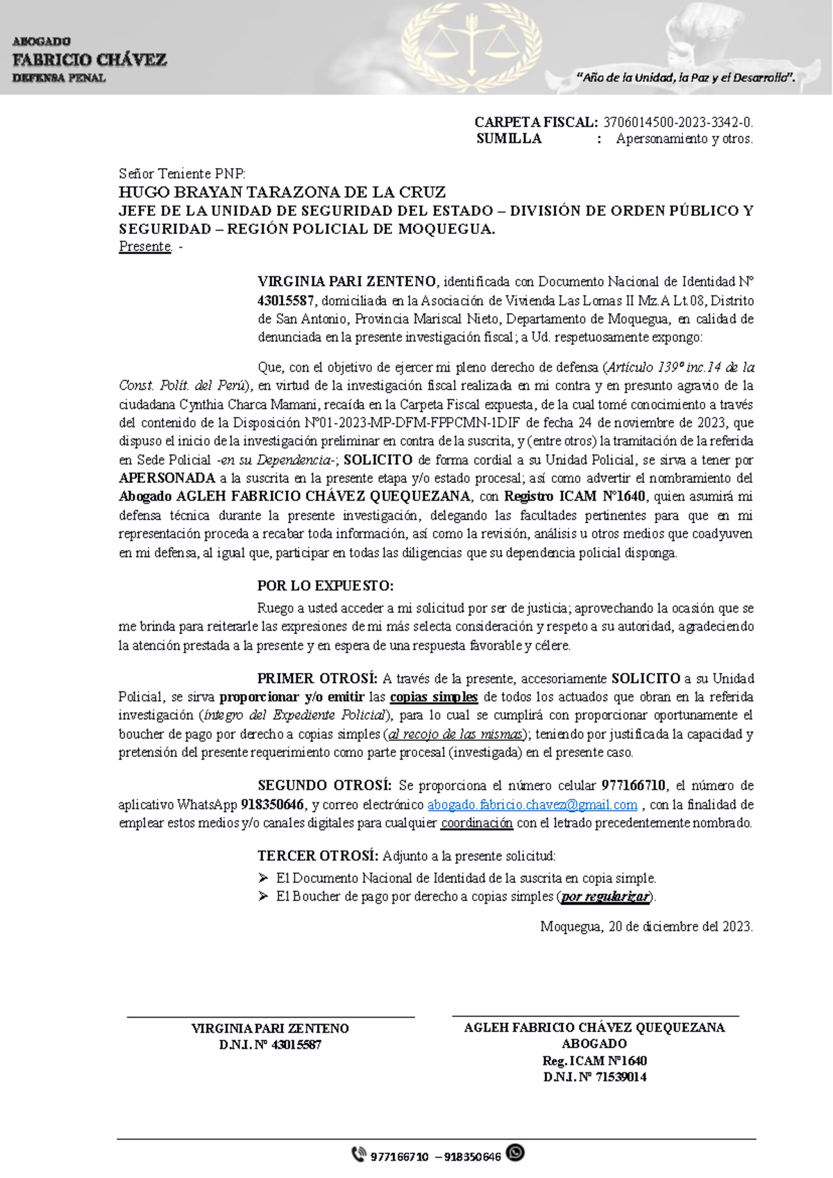 Escrito - Apersona - PNP USEG - Usurpación - “Año de la Unidad, la Paz ...