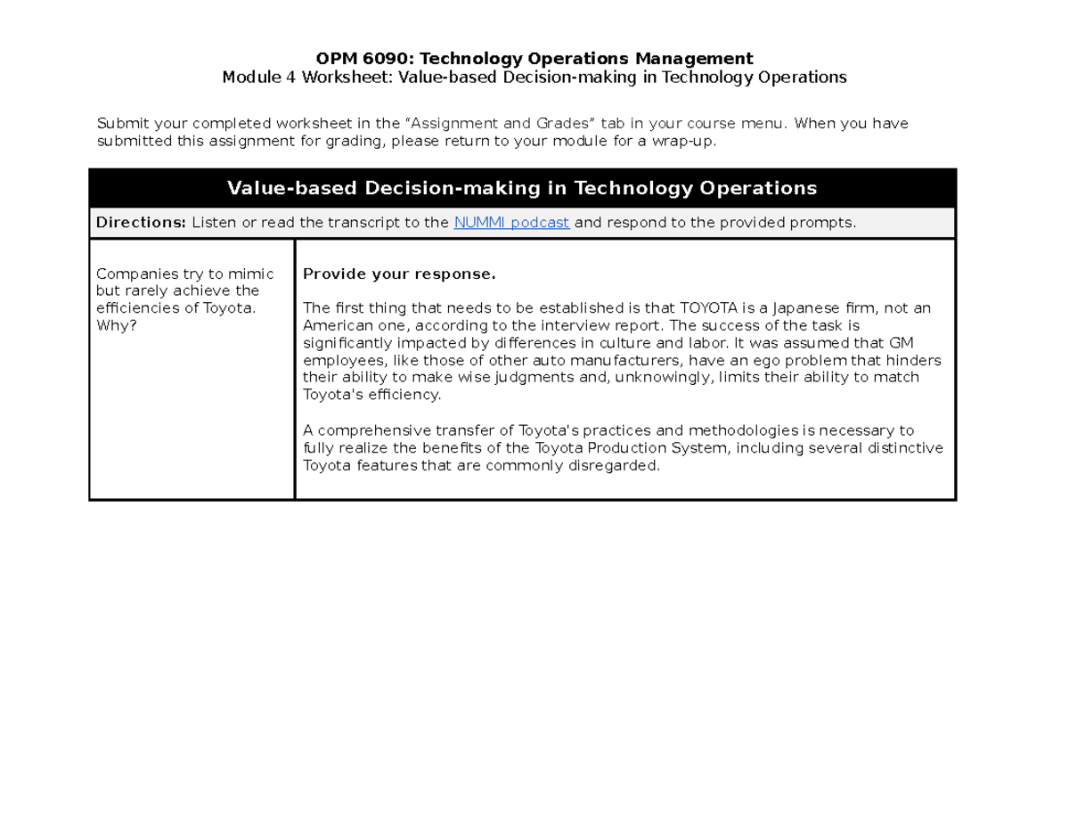OPM 6090 Answer 1 - n/a - OPM 6090: Technology Operations Management Module 4 Worksheet: Value ...