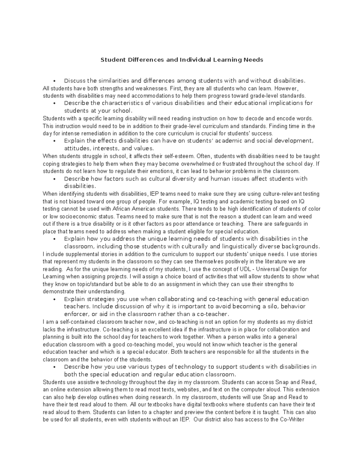 Field Experience B: Student Differences and Individual Learning Needs ...