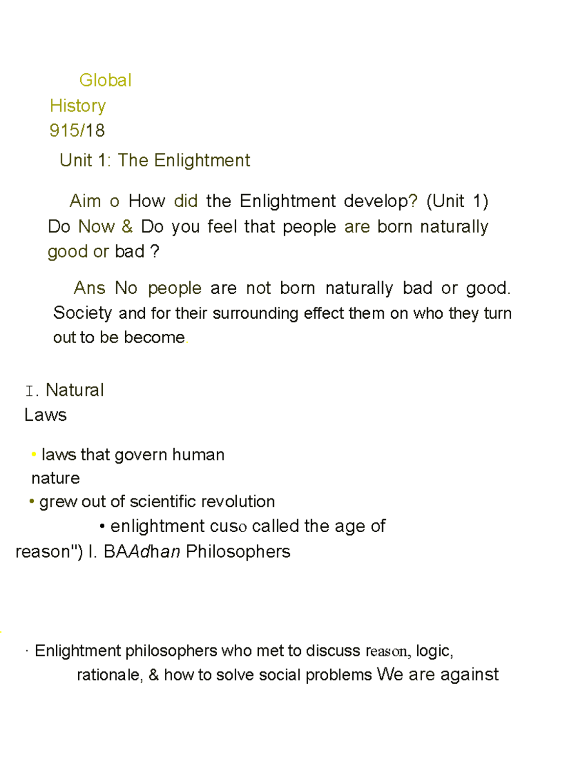 Enlightment Notes - Global History 915 / 18 Unit 1 :TheEnlightment Aim ...