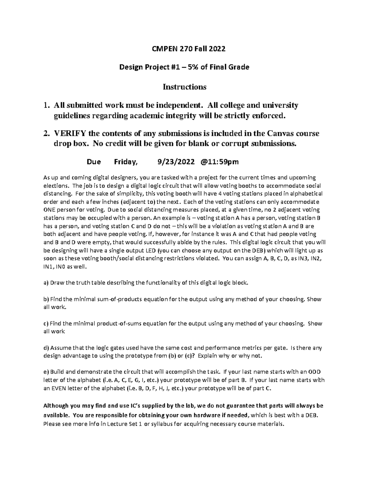 Design Project 1 FA2022 - CMPEN 270 Fall 2022 Design Project #1 – 5% of ...