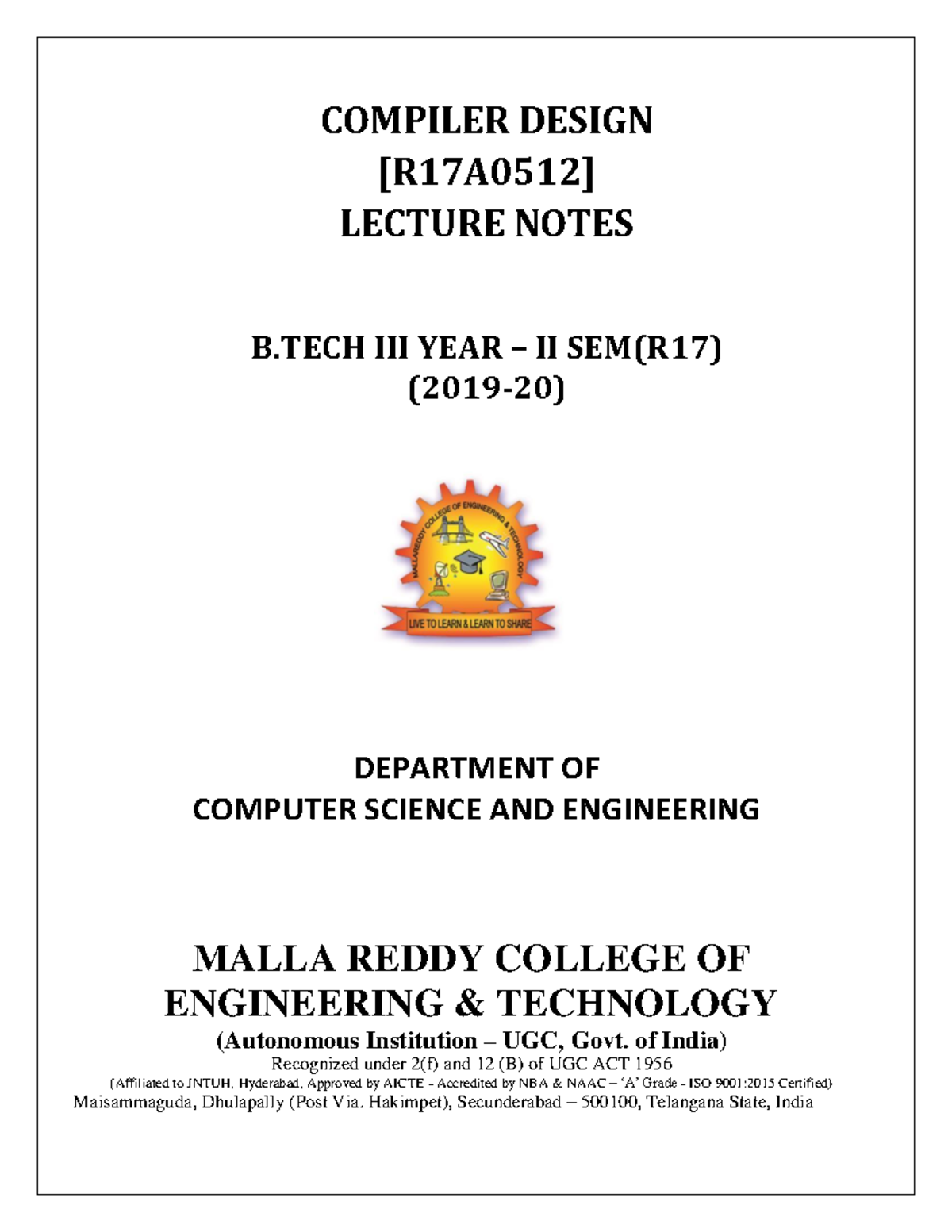 Compiler Design Notes Compiler Design [r17a0512] Lecture Notes B Iii Year Ii Sem R17 2019