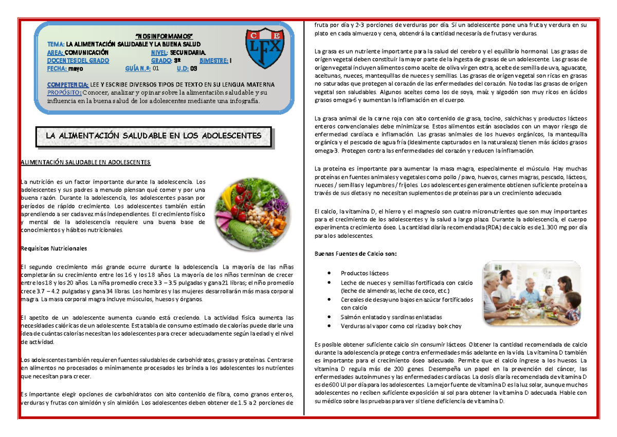Alimentación Saludable PARA Adolescentes 3ero - GUÍA - ALIMENTACIÓN ...