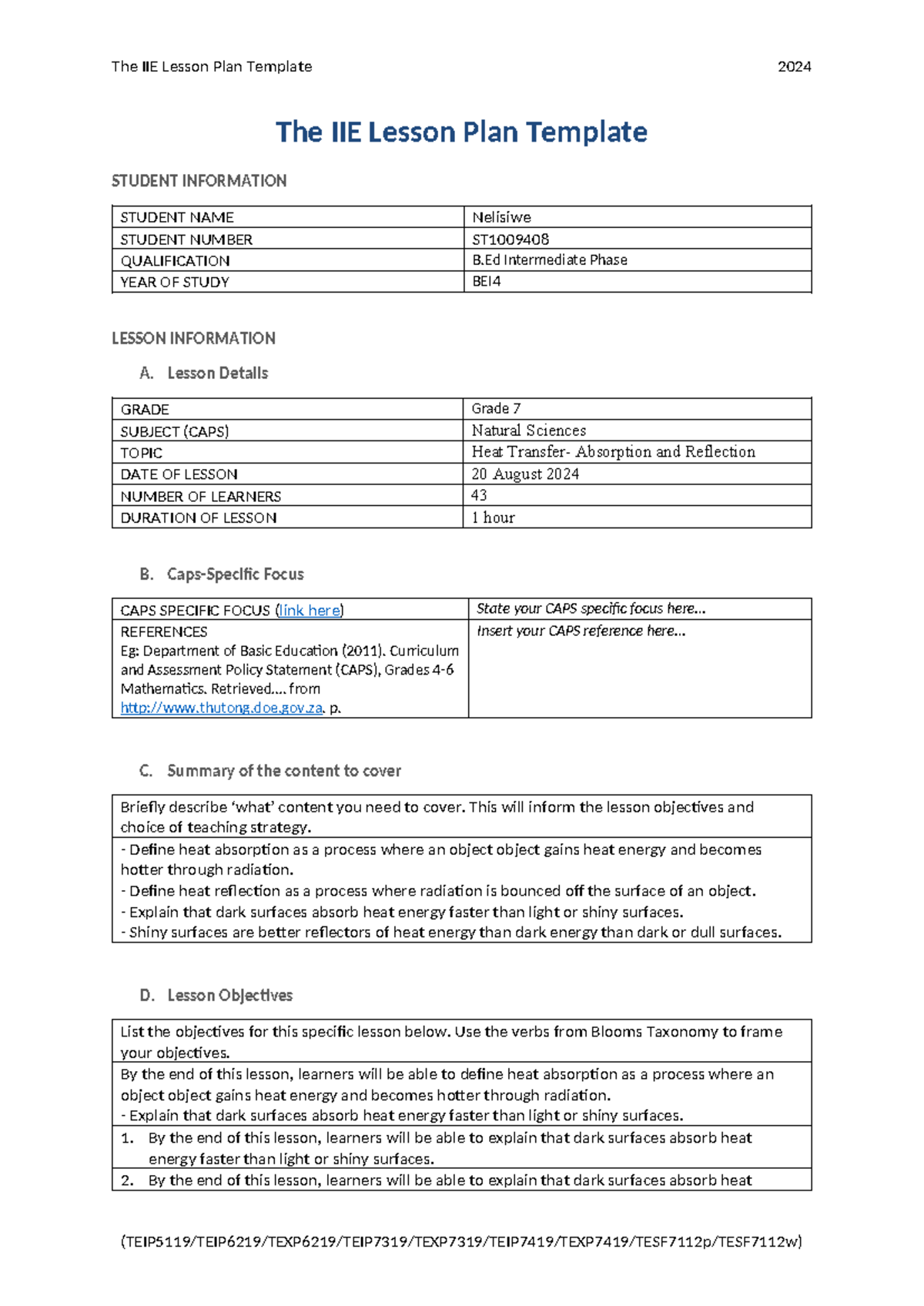 The IIE Lesson Plan Template - The IIE Lesson Plan Template STUDENT ...