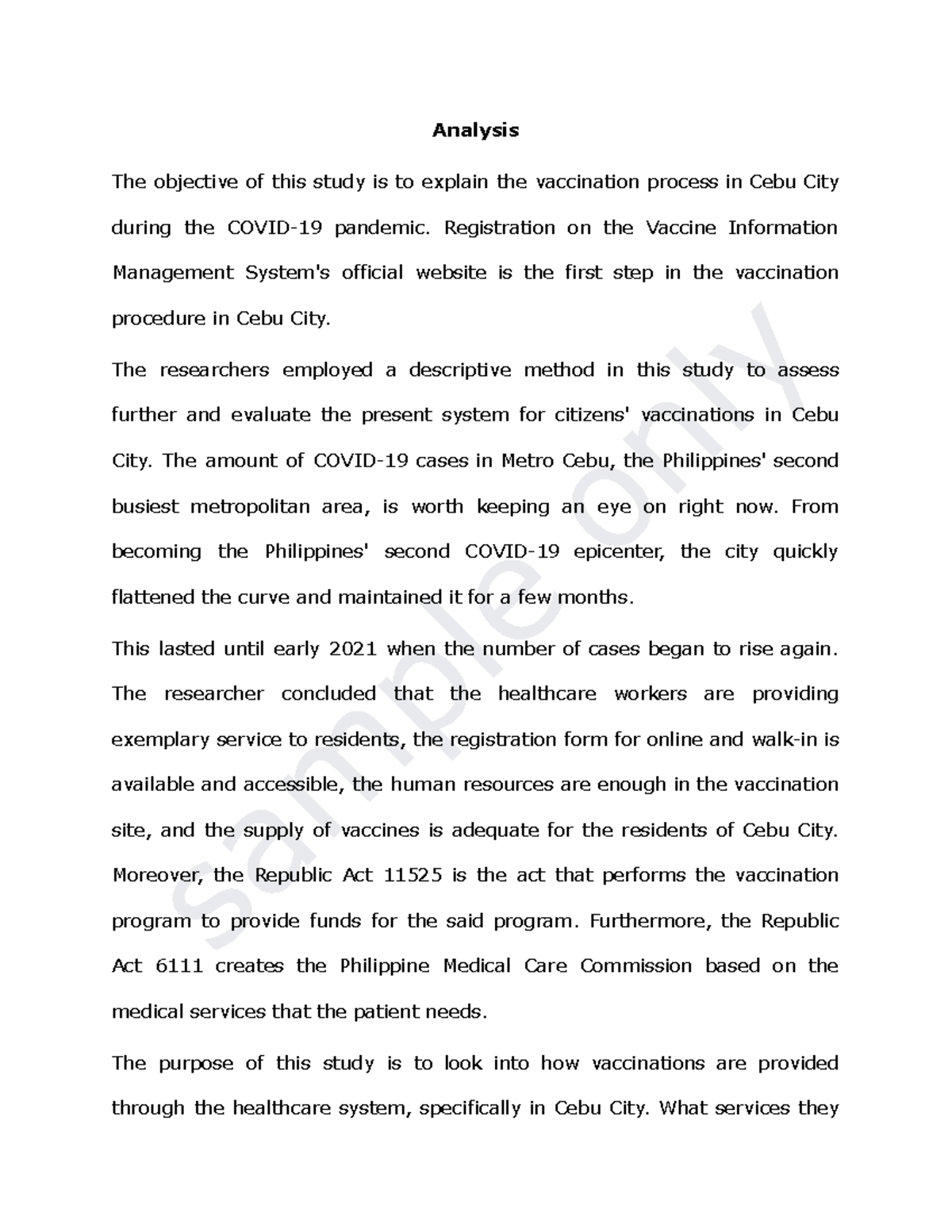 Sample of an Analysis - Notes - sample only Analysis The objective of ...