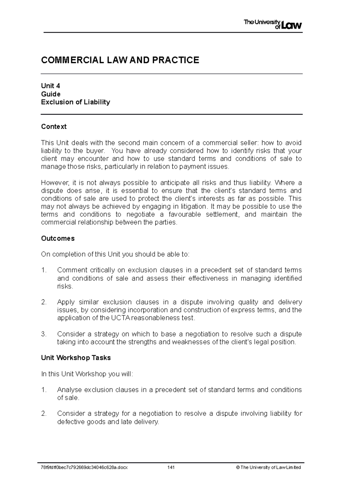 CLP WS 4- Exclusion of Liability - COMMERCIAL LAW AND PRACTICE Unit 4 ...
