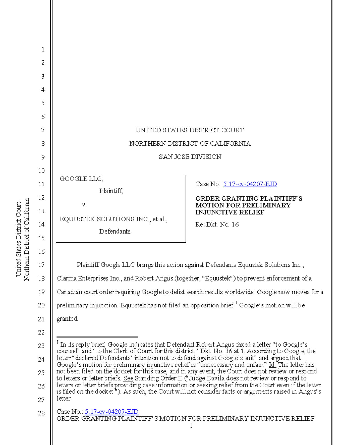 Google v. Equustek - Northern District of California - Case No.: 5:17 ...