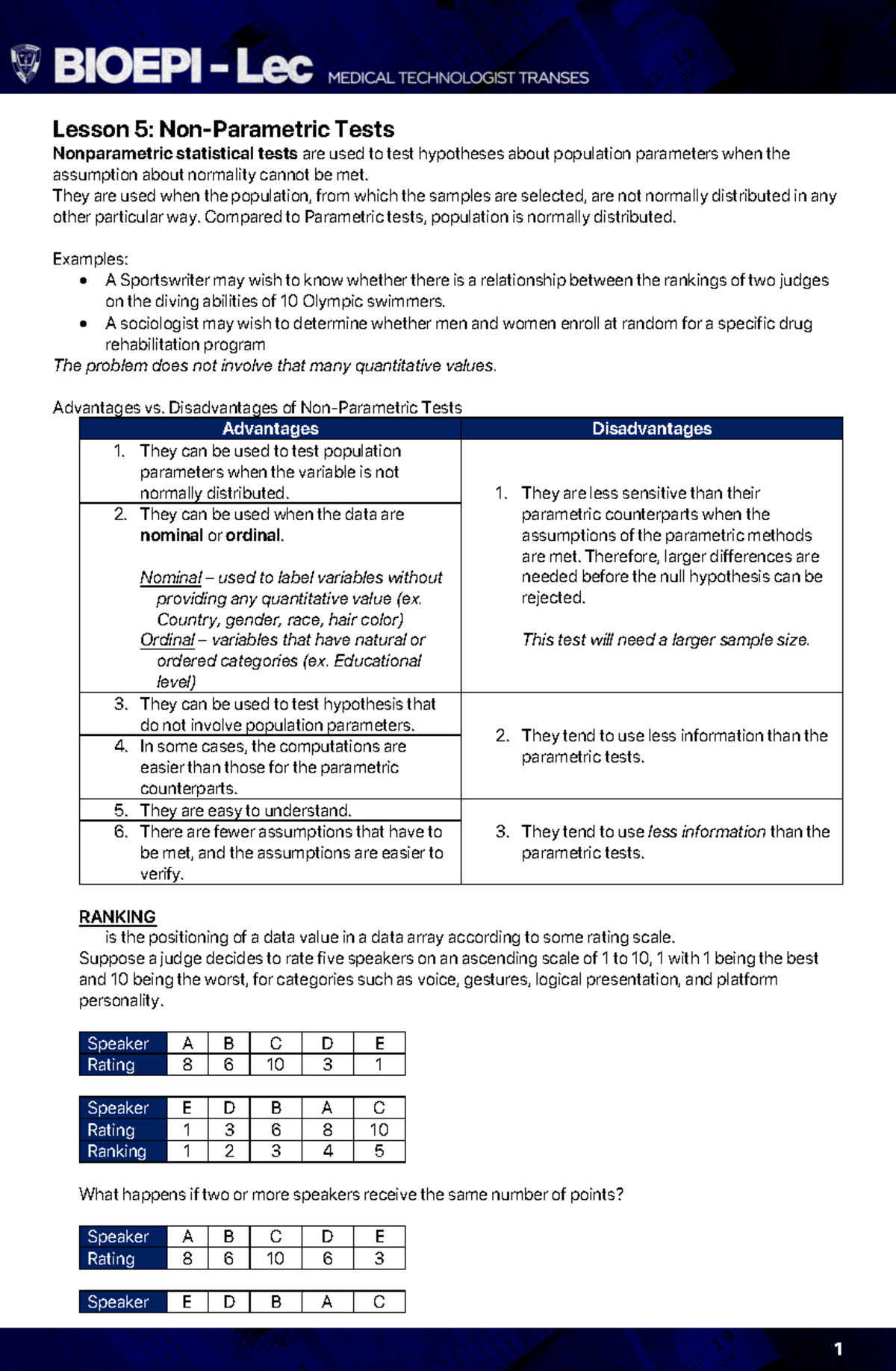 Bio Epi Lec Non Parametric Tests 1 Lesson 5 Non Parametric Tests Nonparametric Statistical