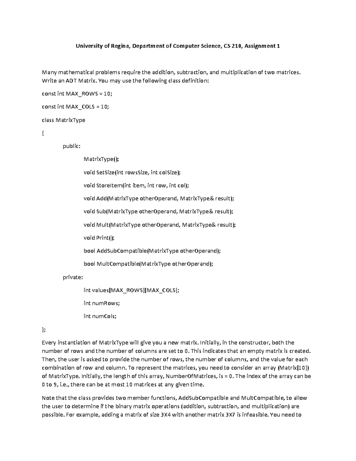 202310 asg1 - CS 215 material - University of Regina, Department of Computer Science, CS 210 ...