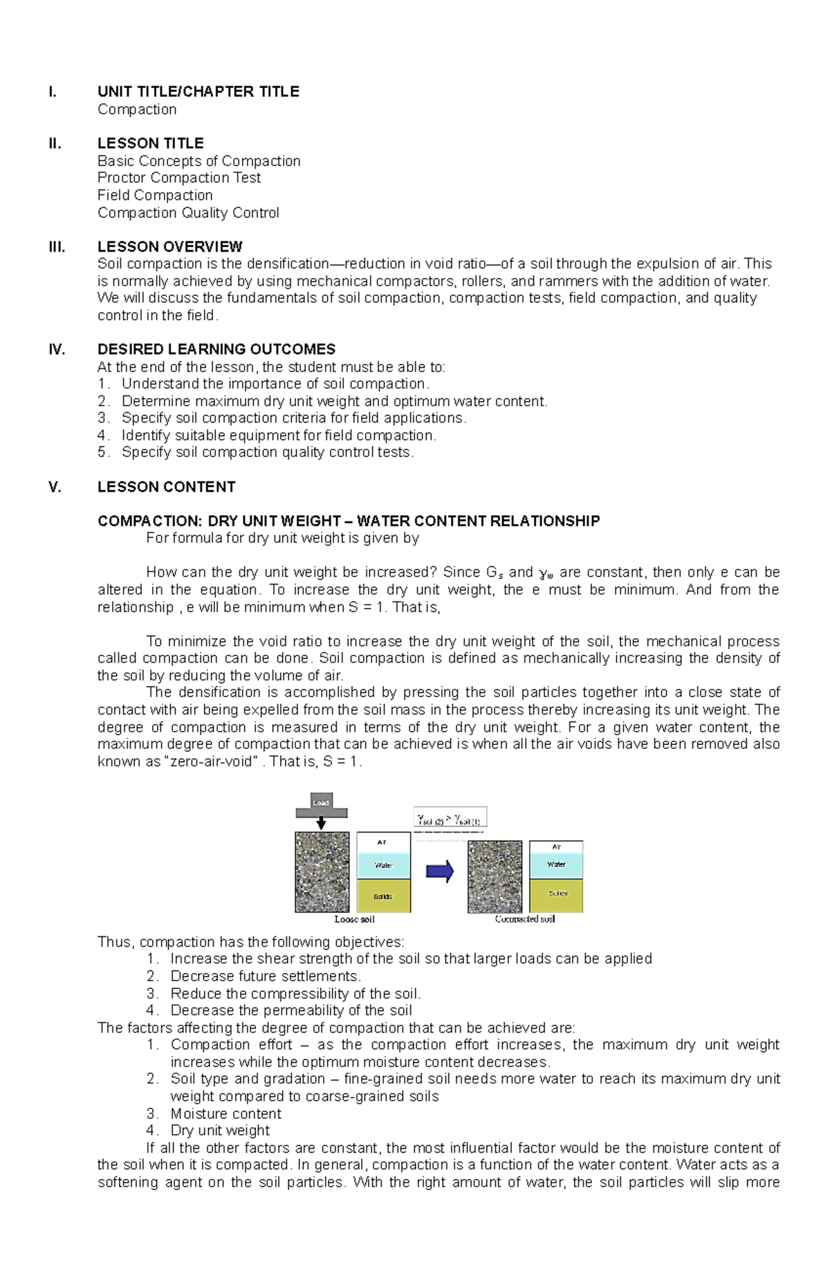 IM4 -Compaction - I. UNIT TITLE/CHAPTER TITLE Compaction II. LESSON ...