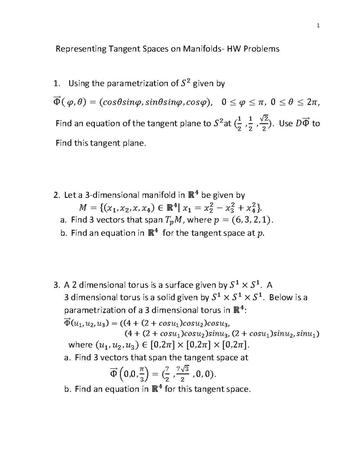 Represe - Biology - 1 Representing Tangent Spaces on Manifolds- HW Problems Using the - Studocu