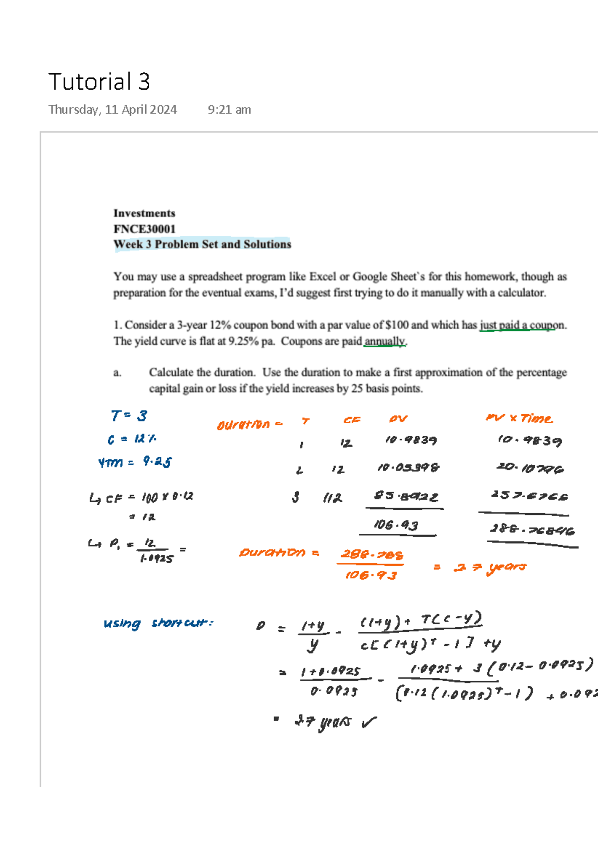 Tutorial 3 - Tutorial 3 Thursday, 11 April 2024 9:21 am Investments Week 3 Problem Set and ...