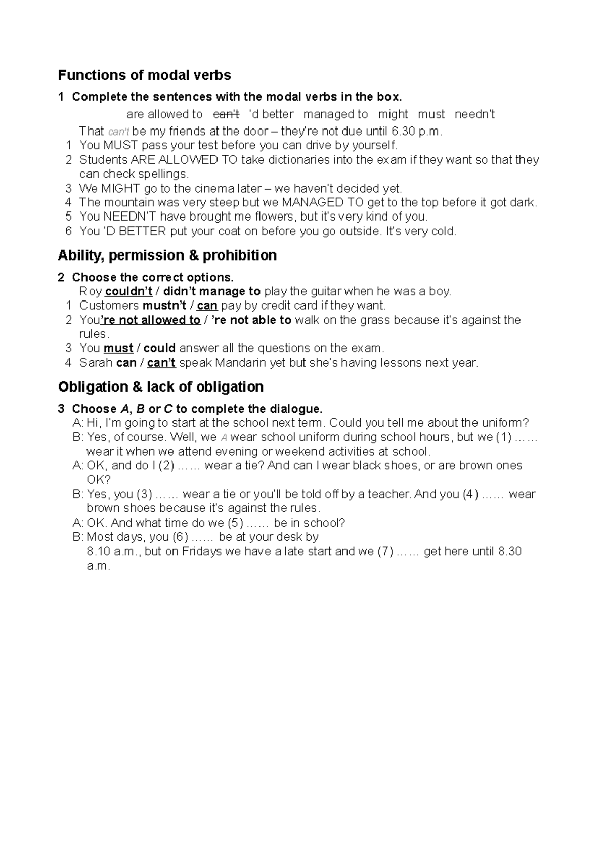 1 star grammar - Modal verbs - Functions of modal verbs 1 Complete the ...