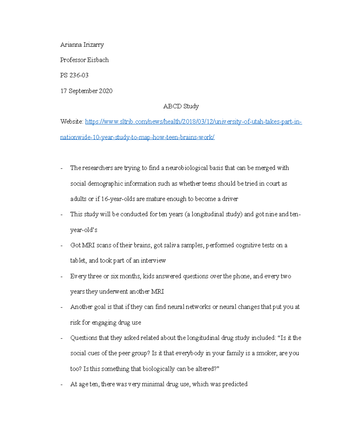 ABCD Study - Arianna Irizarry Professor Eisbach PS 236- 17 September ...