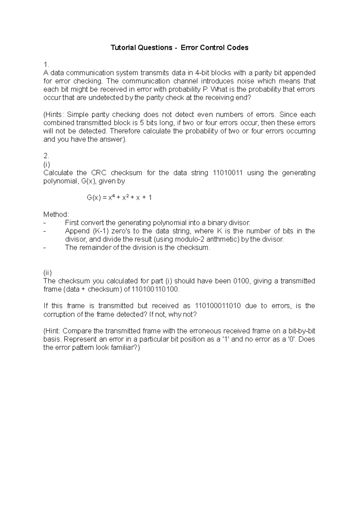 Homework 3 Error Control Codes - Tutorial Questions - Error Control ...