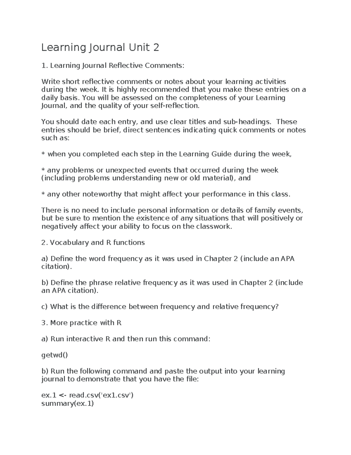 Learning Journal Unit 2 - Learning Journal Reflective Comments: Write ...