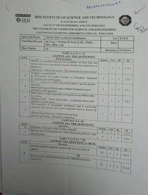 AI CT3 B1 Answer Key - note - RegN o SRM Institute of Science and ...