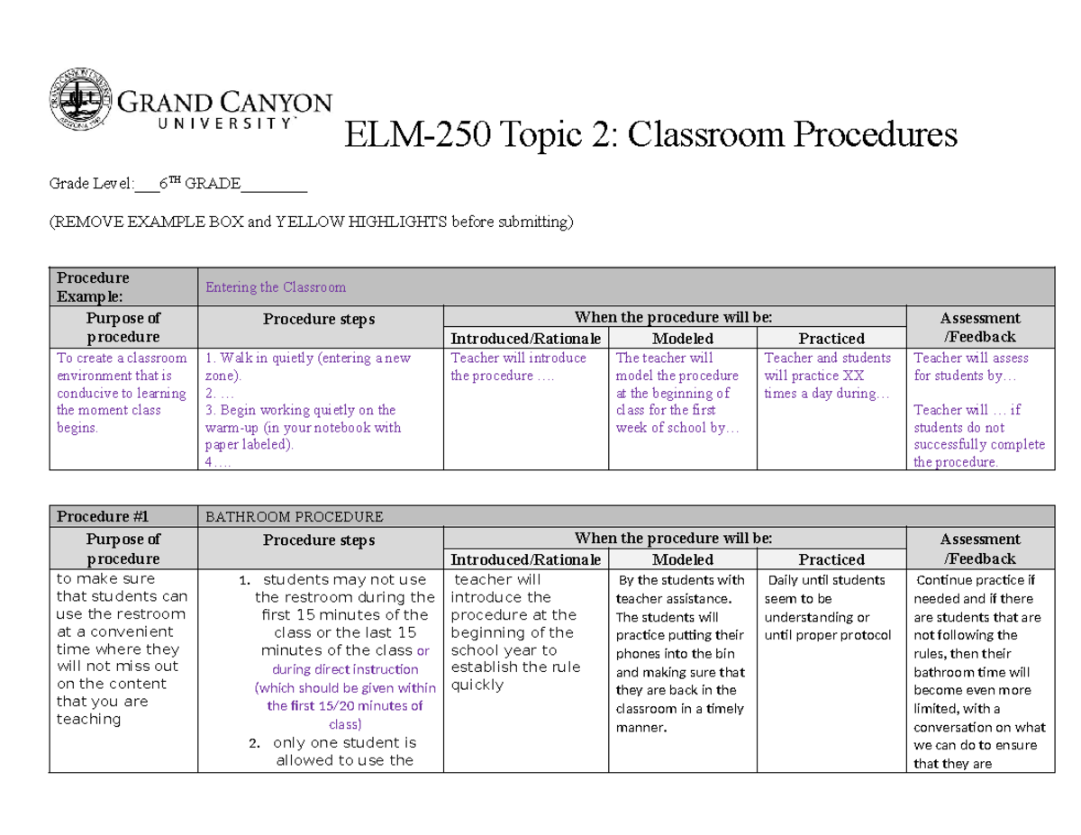 T2 Classroom procedures template-2 - ELM-250 Topic 2: Classroom Procedures Grade Level:6TH - Studocu