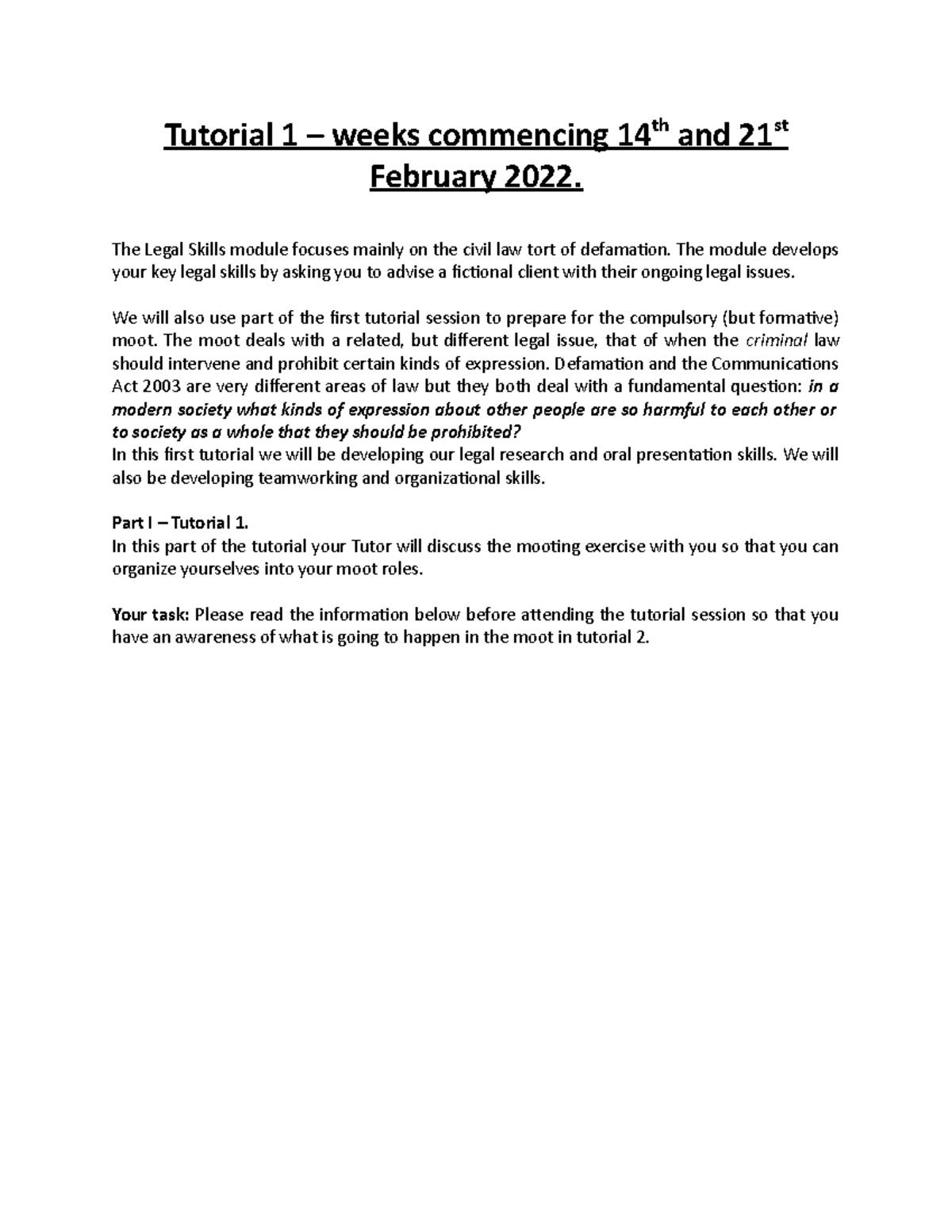 Tutorial 1 - Tutorial 1 – weeks commencing 14 th and 21 st February ...