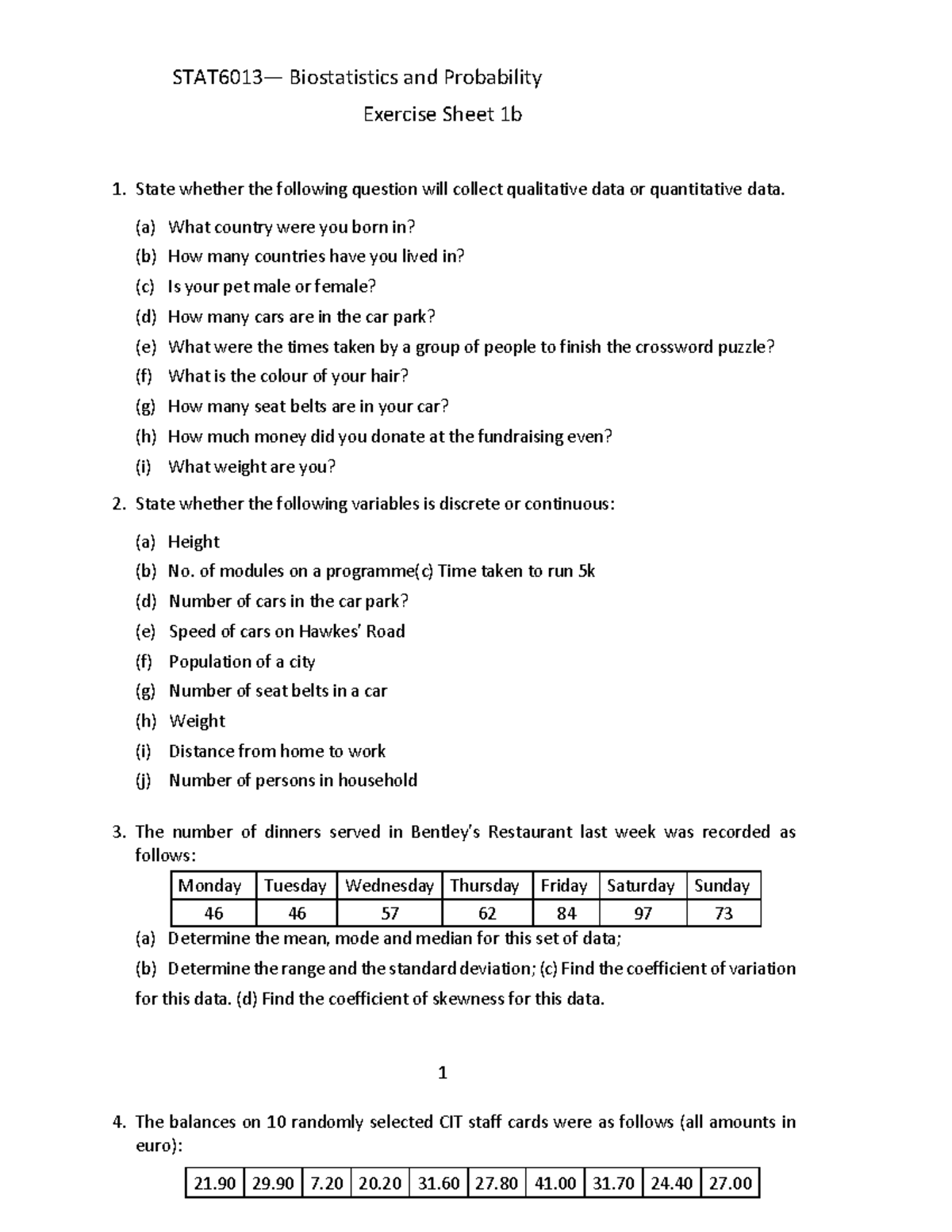 Ex Sheet 1b ( Maths) - Maths overview for science - Biostatistics and ...