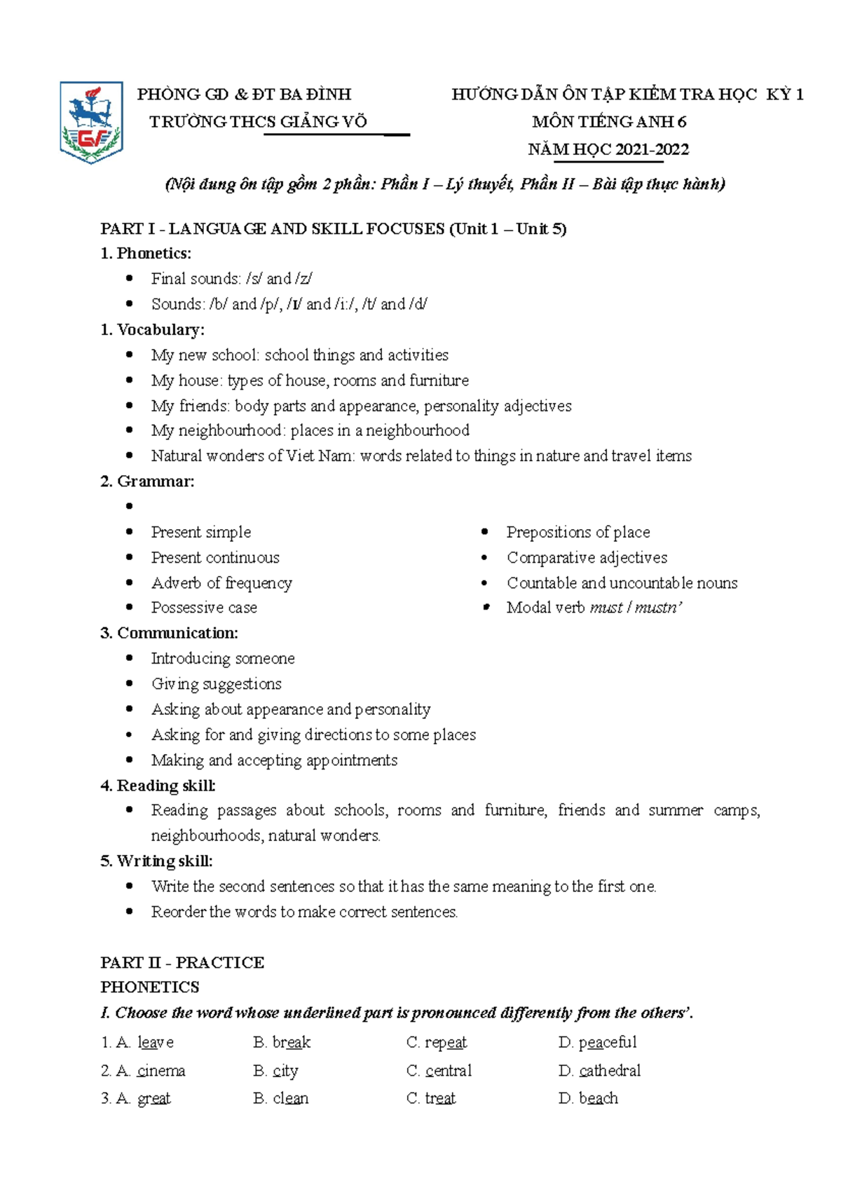 ĐỀ Cuong TA6 HK1 (2021-2022) - PHÒNG GD & ĐT BA ĐÌNH TRƯỜNG THCS GIẢNG VÕ HƯỚNG DẪN ÔN TẬP - Studocu
