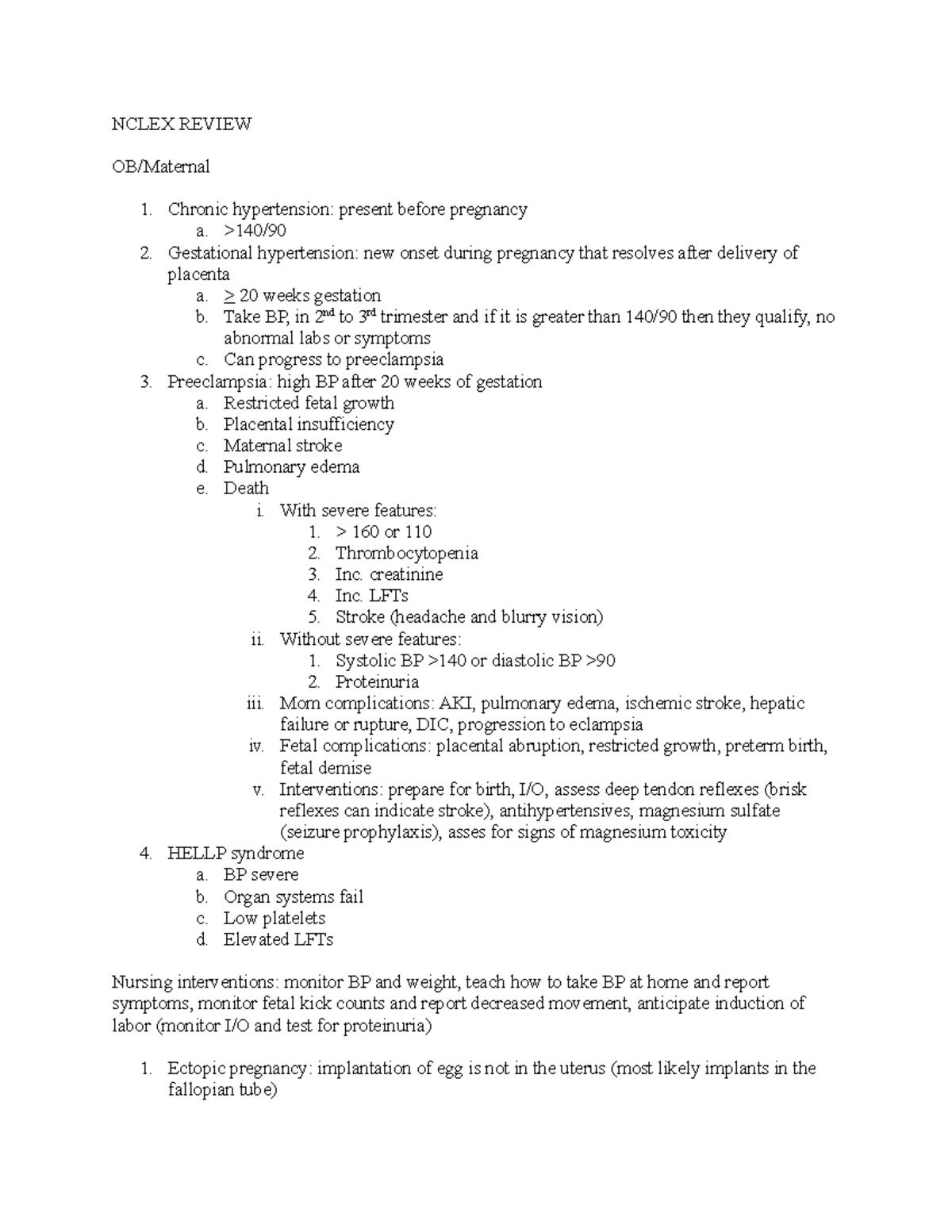 Nclex Review - NCLEX REVIEW OB/Maternal 1. Chronic hypertension ...