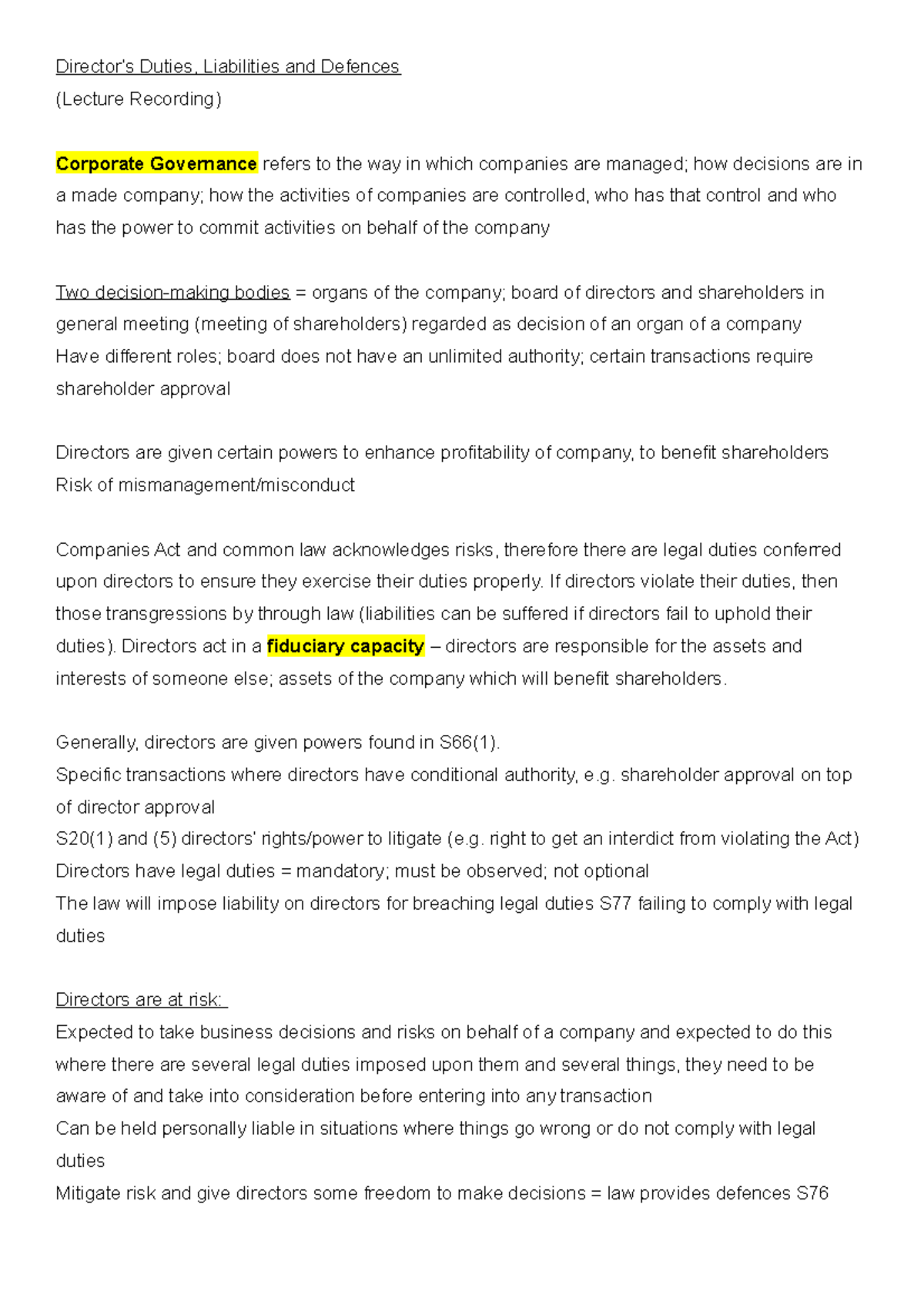 Duties of Directors (Lecture Notes) - Director’s Duties, Liabilities ...
