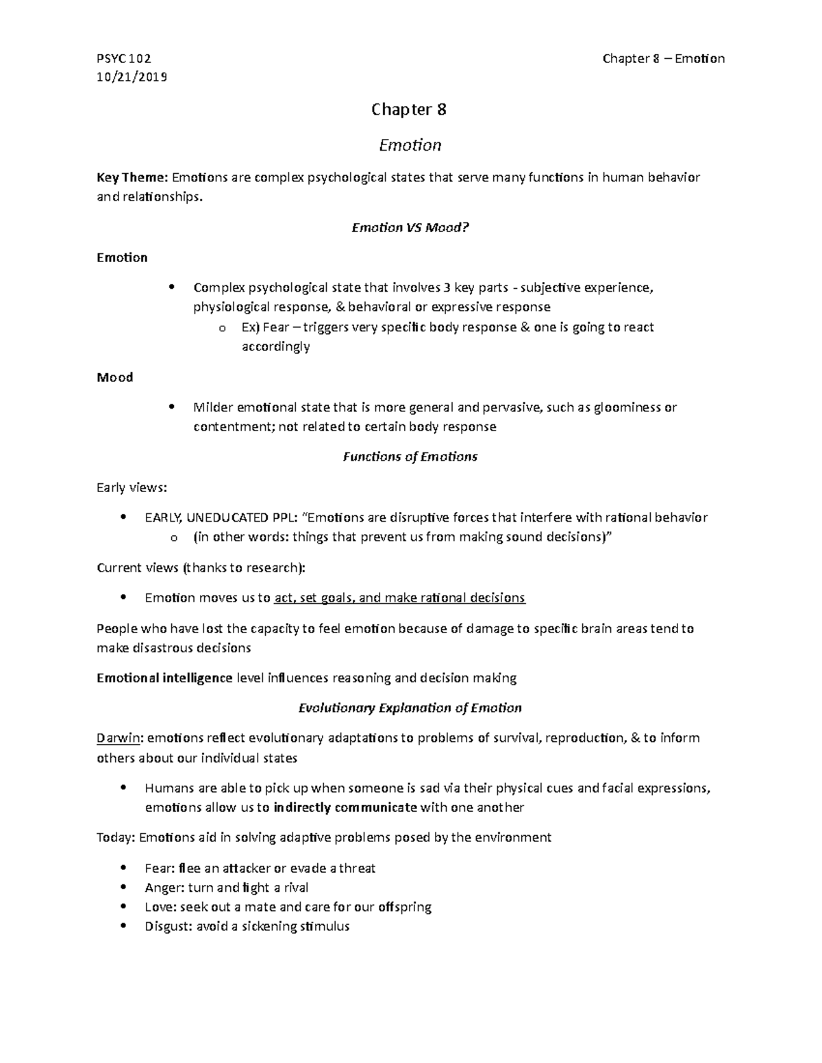 Chapter 8 Emotion - Tim Acker - 10/21/ Chapter 8 Emotion Key Theme: Emotions are complex - Studocu