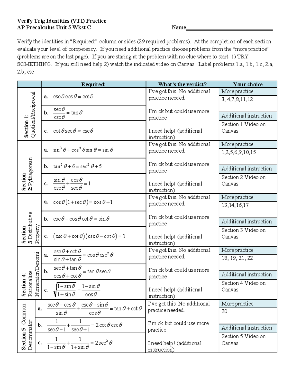 Appcu 05 Wkst C Verify Trig Identity Practice - Verify Trig Identities ...