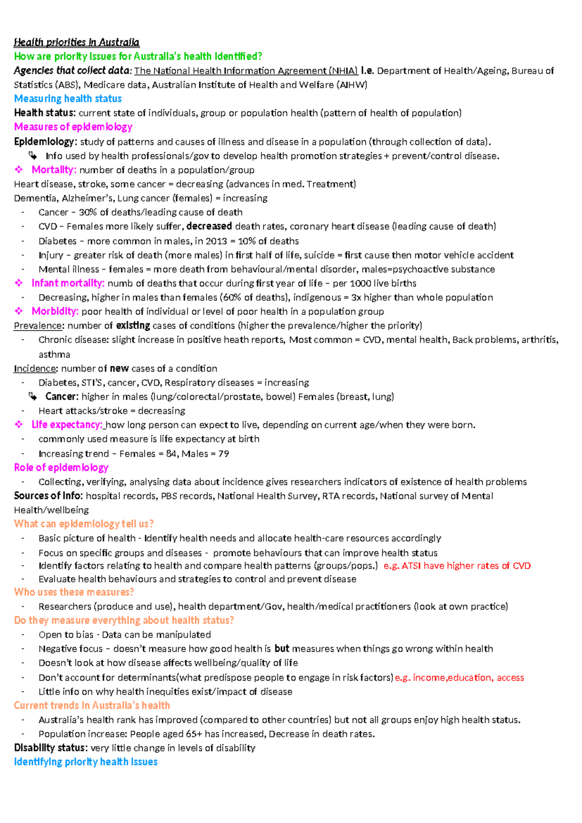 Health priorities in Australia notes - Health priorities in Australia ...