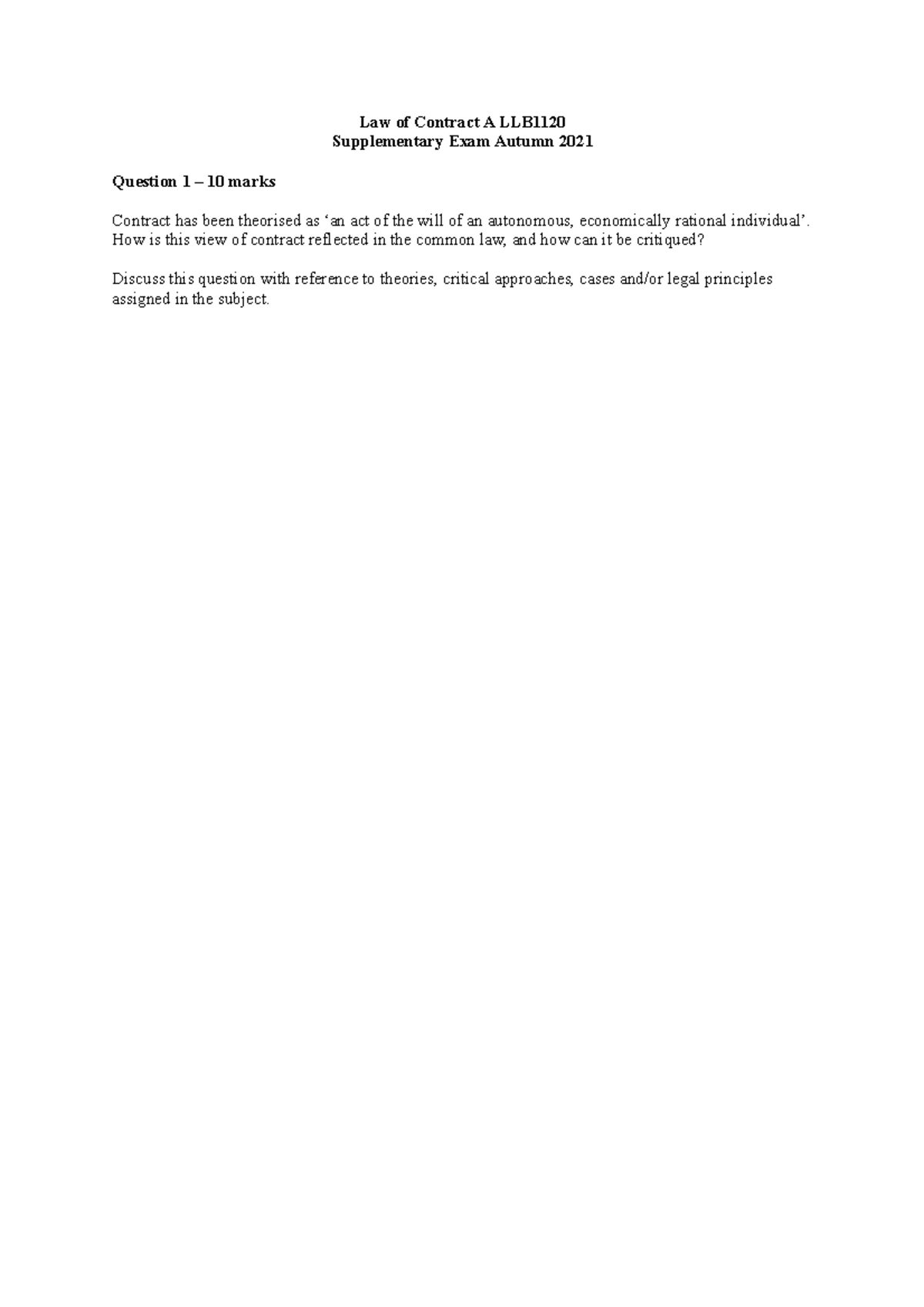 Practice Exam 2 - Law of Contract A LLB Supplementary Exam Autumn 2021 ...