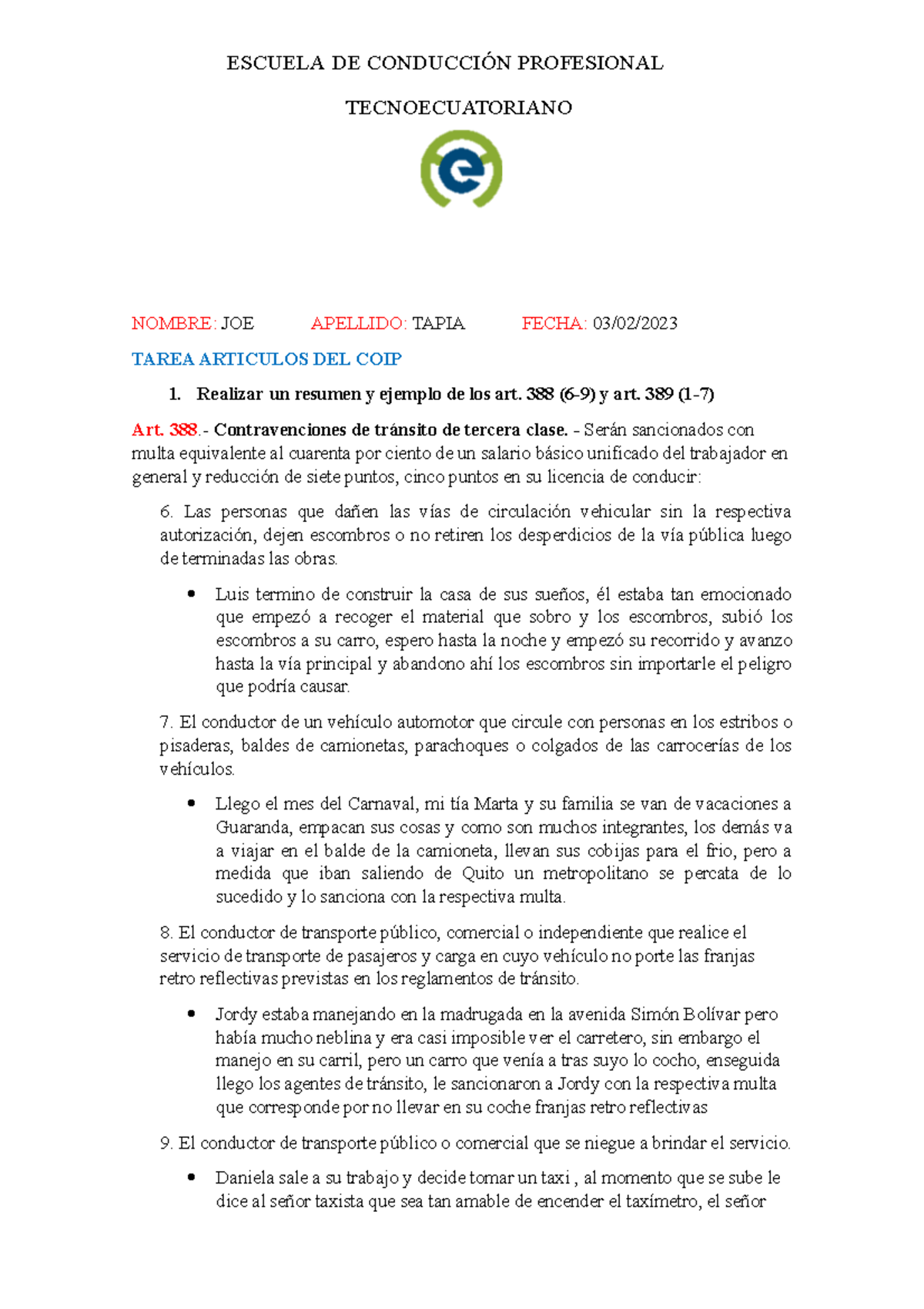 JOE Tapia ART. 388,389 Escuela DE Conducción Profesional - ESCUELA DE ...