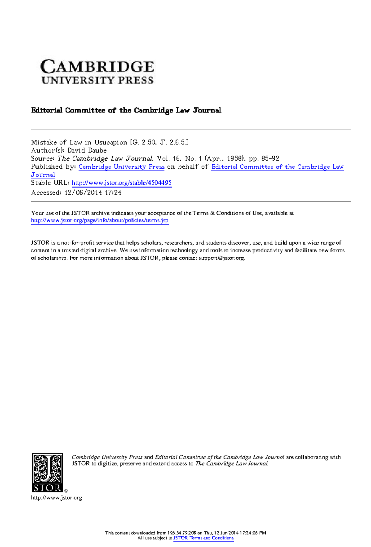 [The Cambridge Law Journal 1958-apr vol. 16 iss. 1] David Daube ...