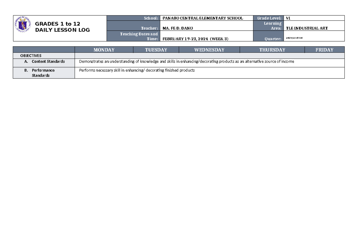 DLL TLE-6 Q3 W3-Edited - GRADES 1 to 12 DAILY LESSON LOG School: PANABO CENTRAL ELEMENTARY ...