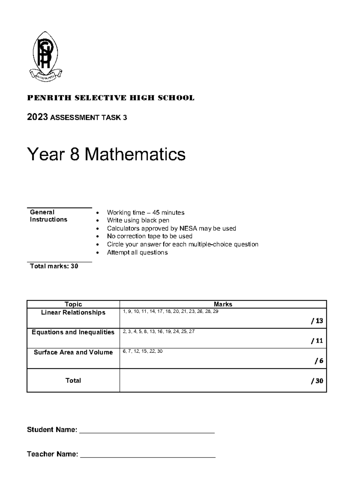 2023 Yr8 Term 3 Past Paper - PENRITH SELECTIVE HIGH SCHOOL 2023 ...