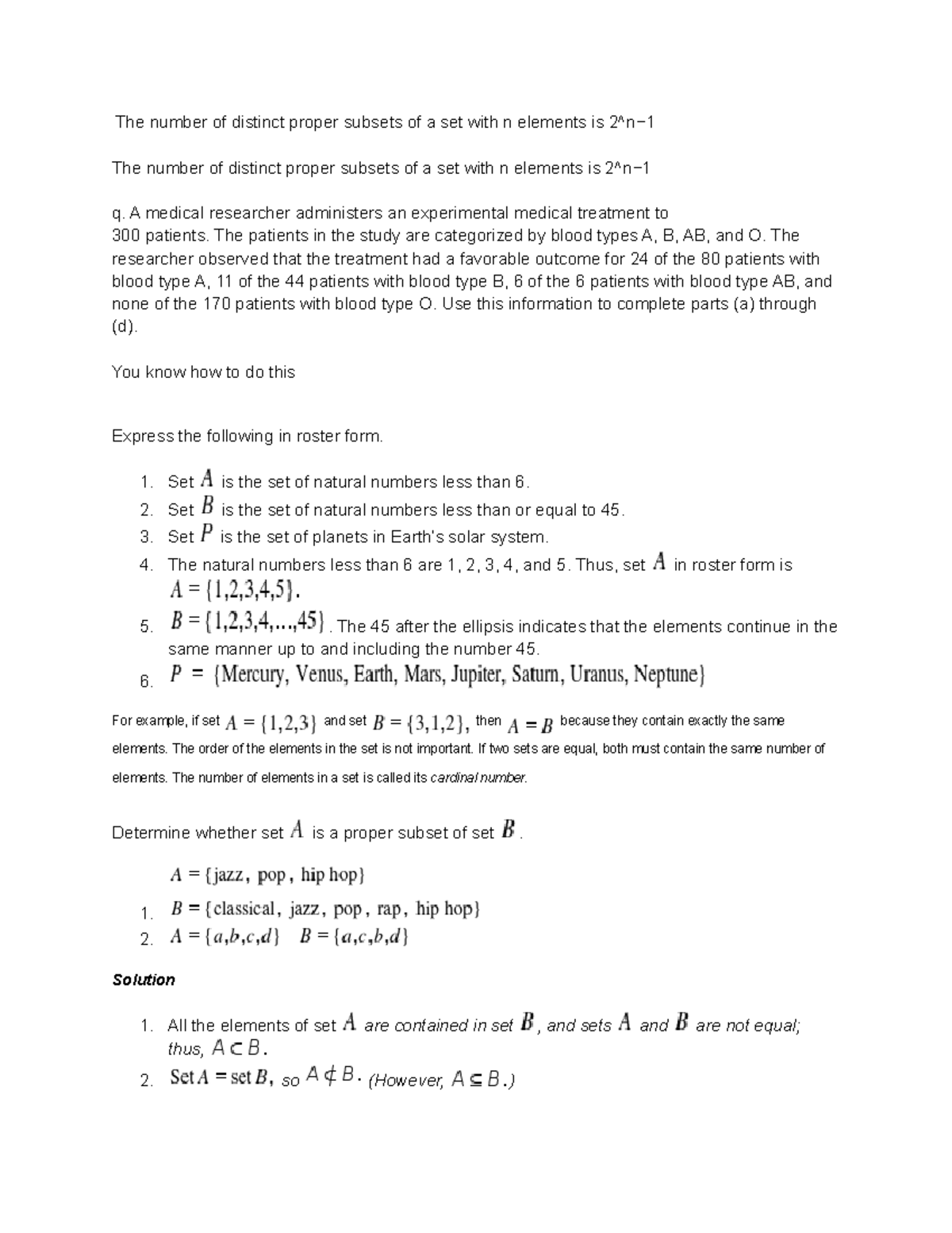 Math 105 final exam notes - The number of distinct proper subsets of a ...