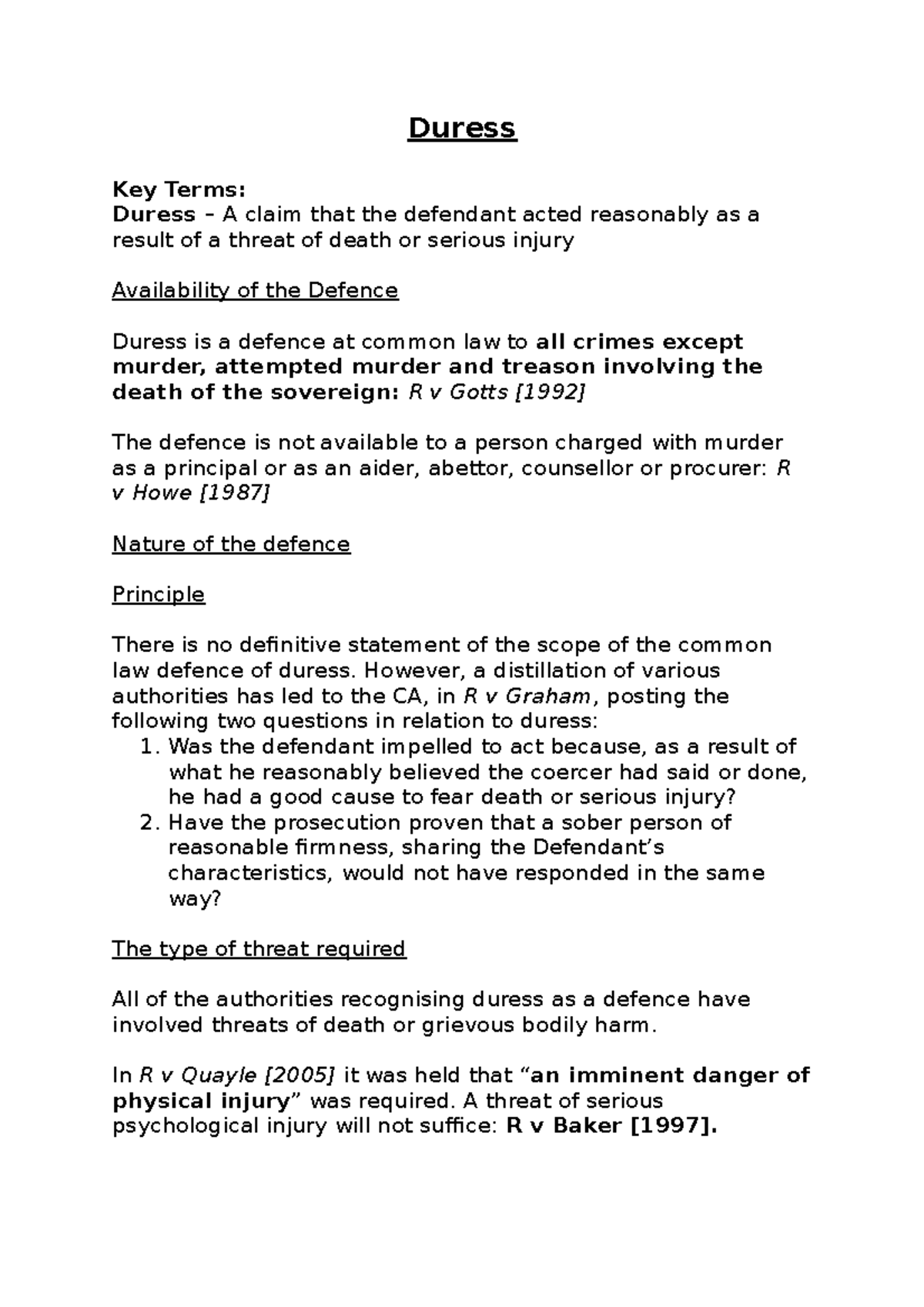 Duress - Duress Key Terms: Duress – A claim that the defendant acted ...