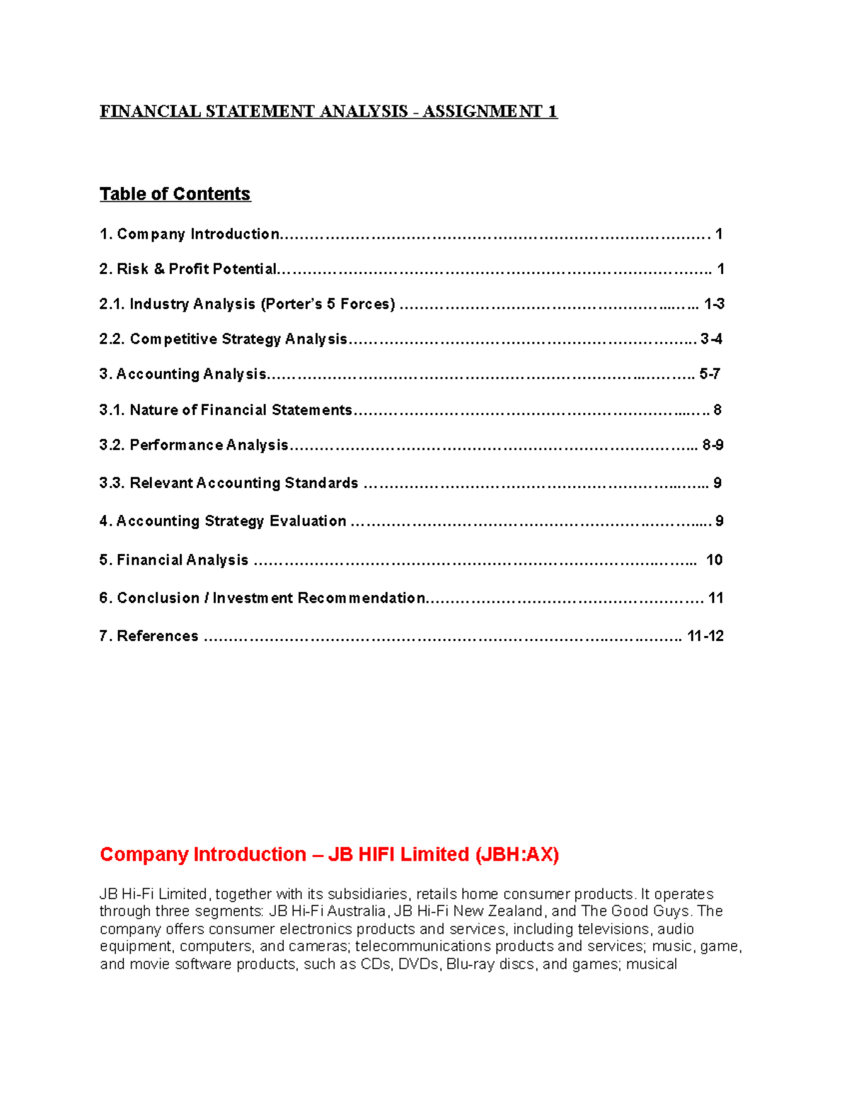FIN1FSA - Assignment 1 - FINANCIAL STATEMENT ANALYSIS - ASSIGNMENT 1 ...
