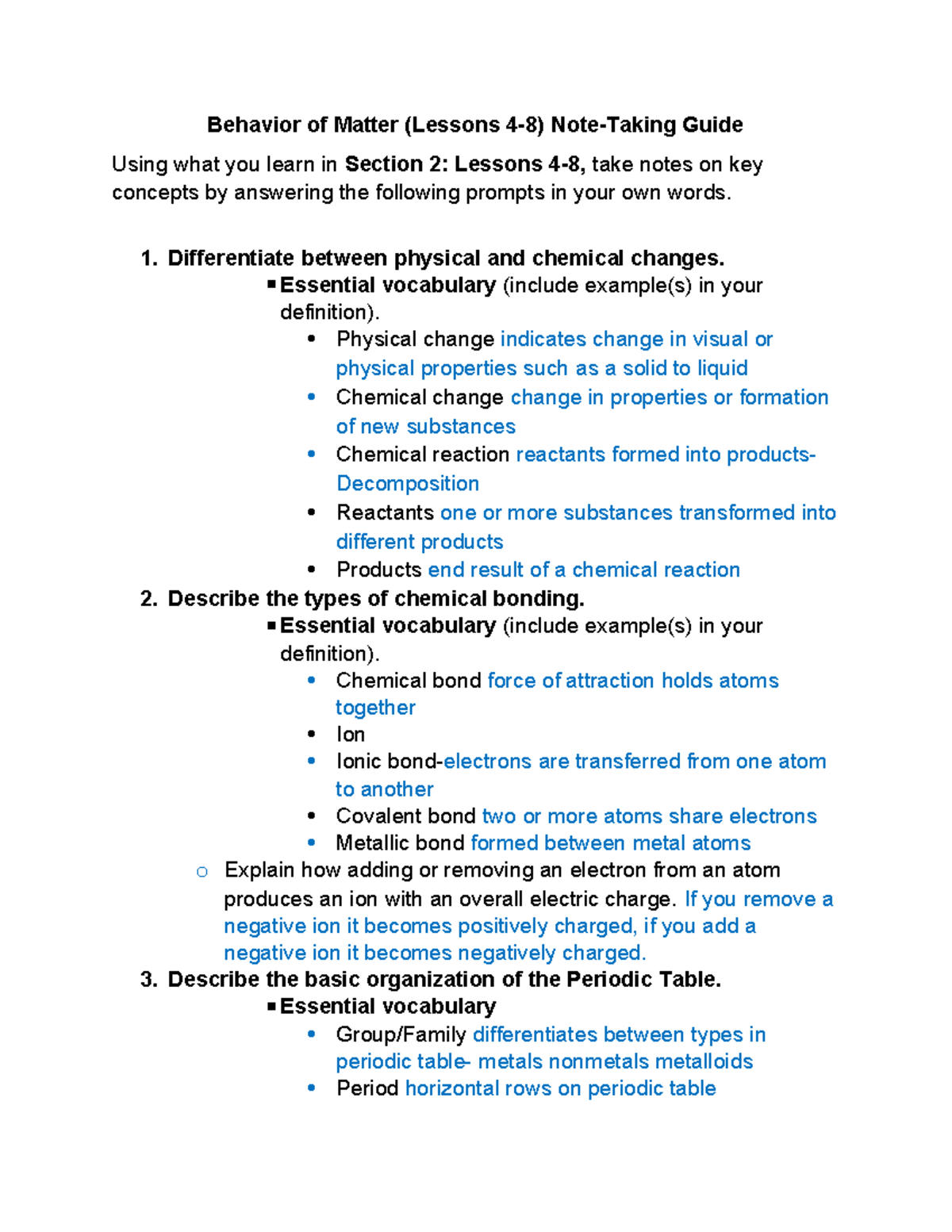 Behaviorofmatterguide - Behavior of Matter (Lessons 4-8) Note-Taking ...