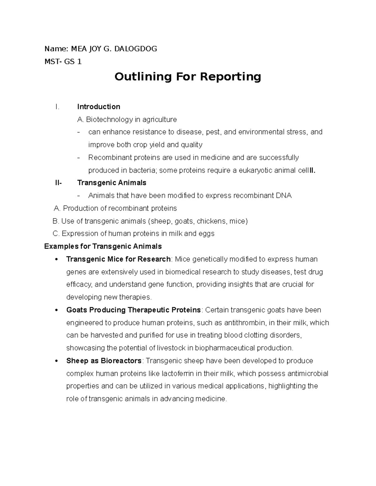 Outline for Reporting - biology - Name: MEA JOY G. DALOGDOG MST- GS 1 ...
