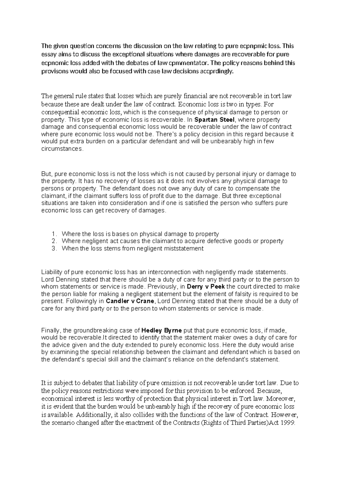 Economic Loss Essay - The given question concerns the discussion on the ...