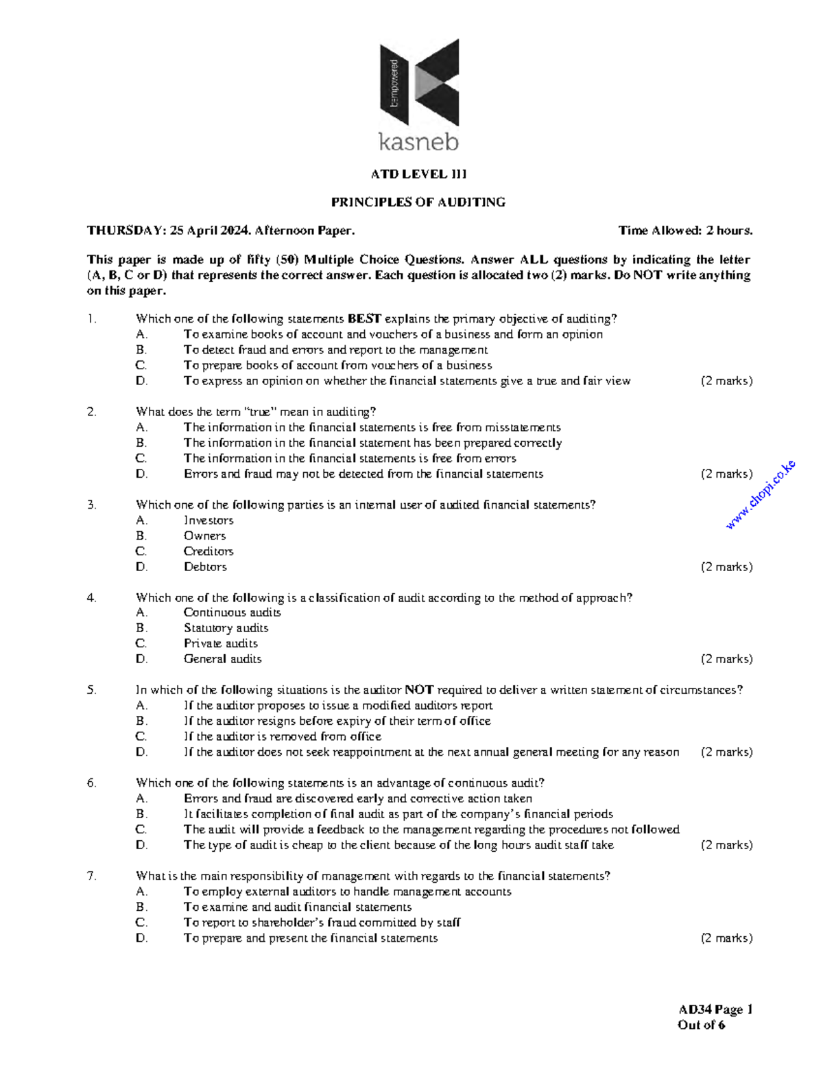 Principles of Auditing Past Papers-1 - AD34 Page 1 ATD LEVEL III ...