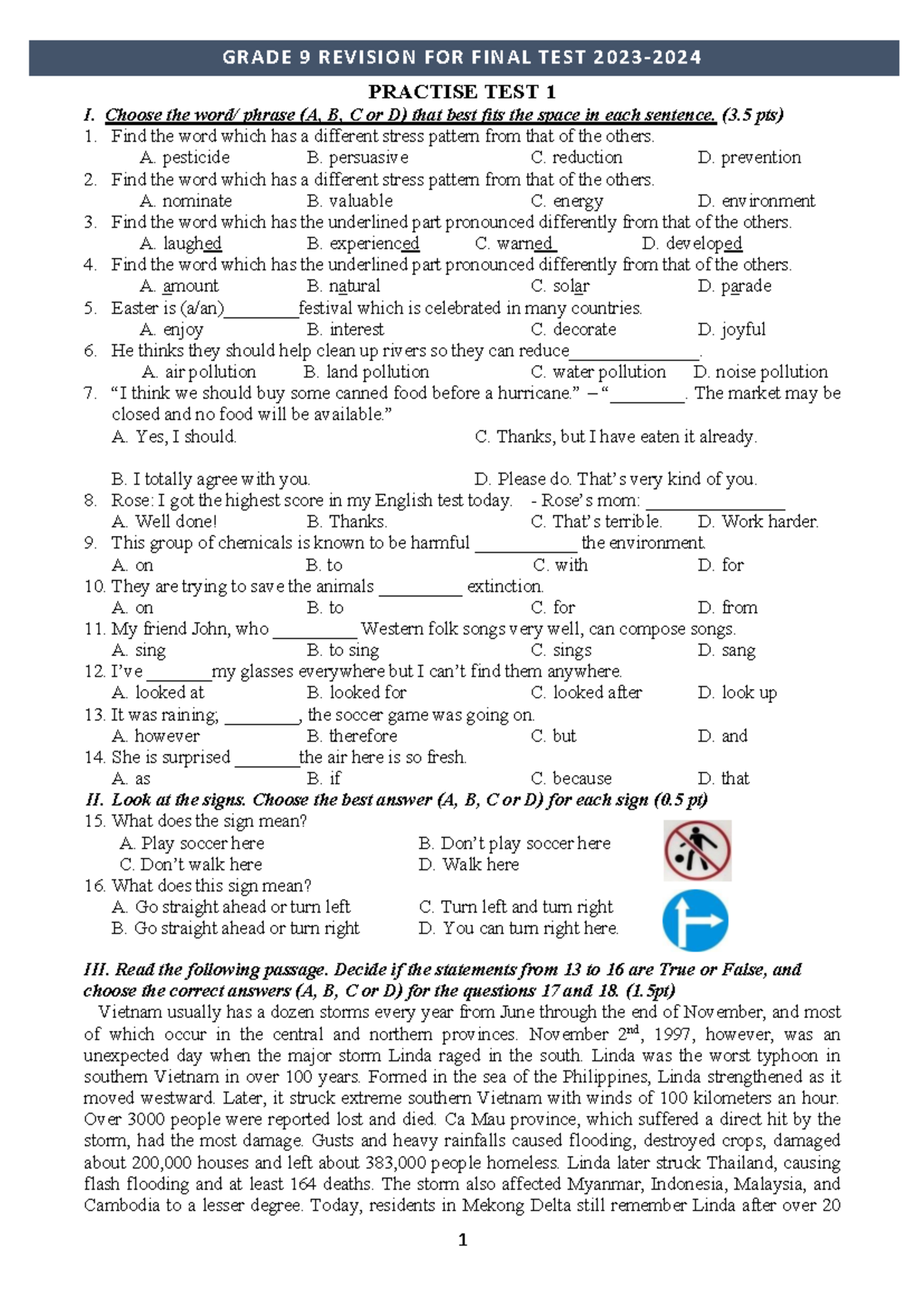 G9 Final TEST - èvefbe - PRACTISE TEST 1 I. Choose the word/ phrase (A ...