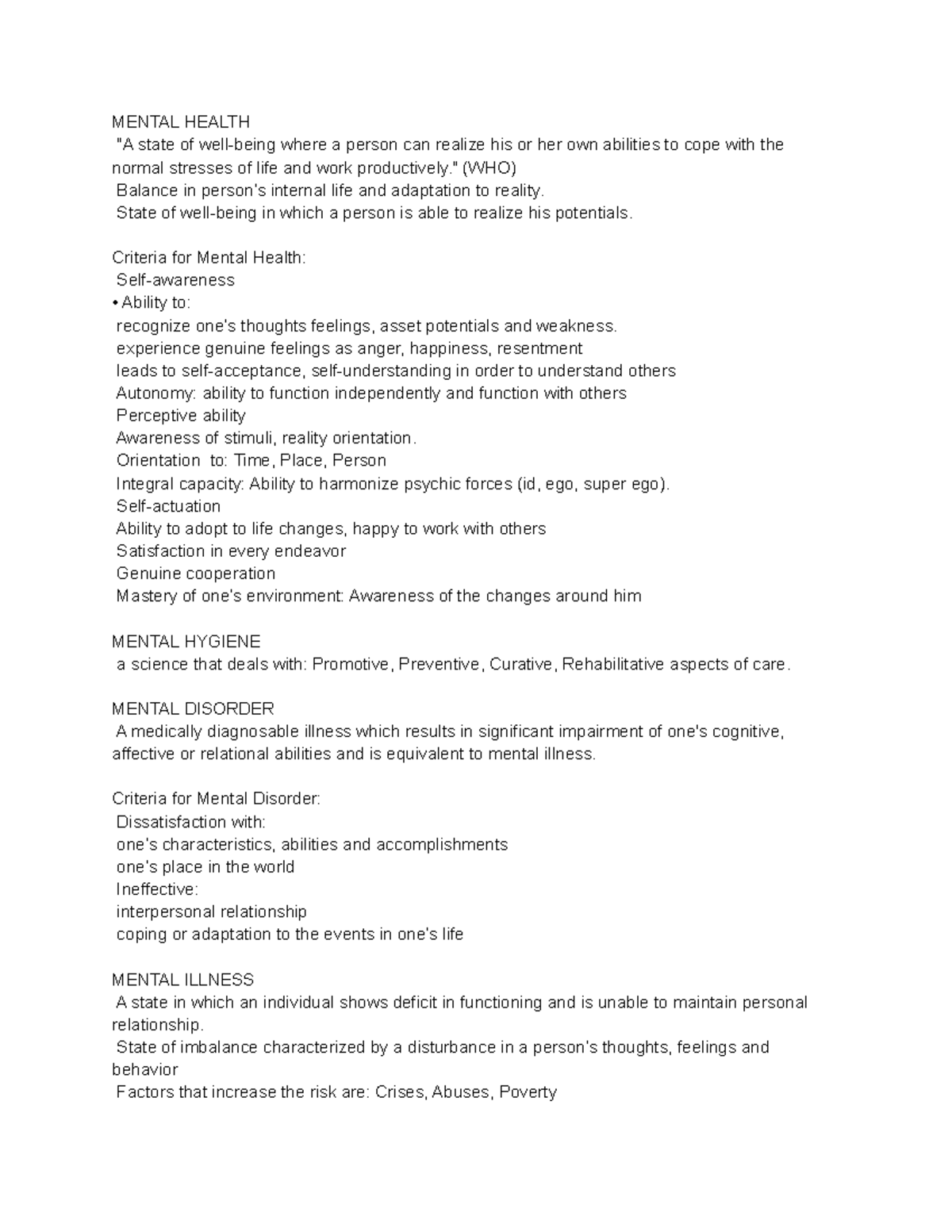 Mental Health - notes - MENTAL HEALTH "A state of well-being where a ...