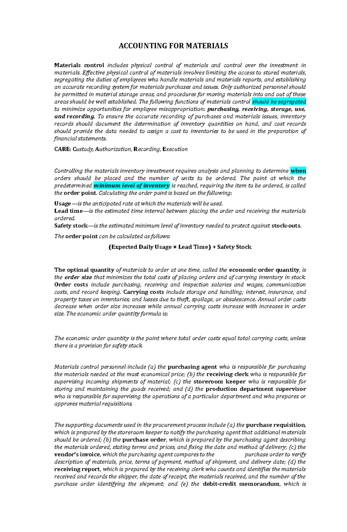 Accounting for Materials - ACCOUNTING FOR MATERIALS Materials control ...