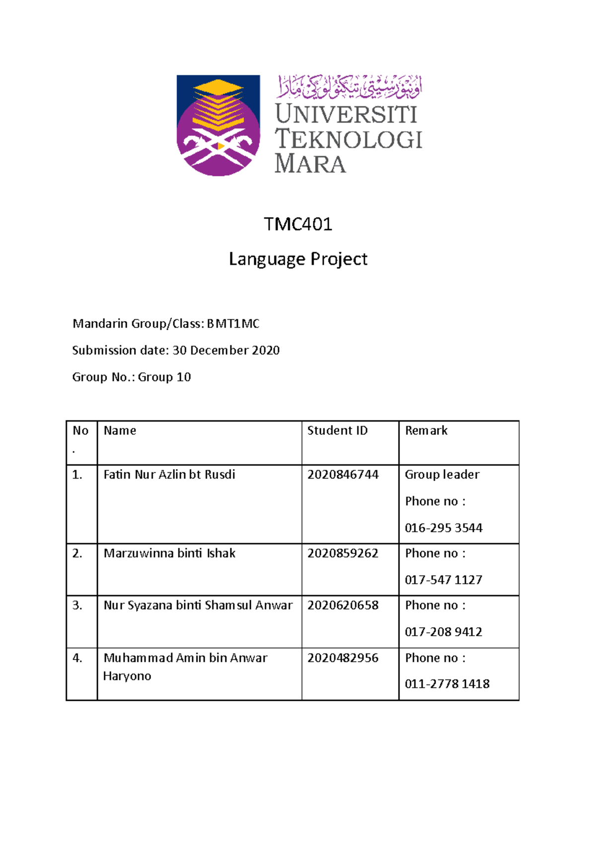 Language Project-Script Submission (Group 10) - TMC Language Project Mandarin Group/Class ...