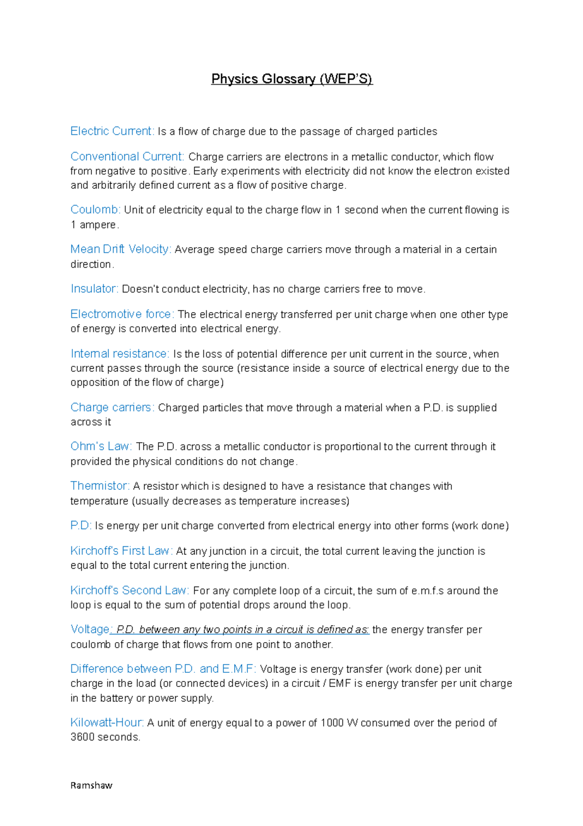 Physics Glossary (WEP'S) - Physics Glossary (WEP’S) Electric Current ...