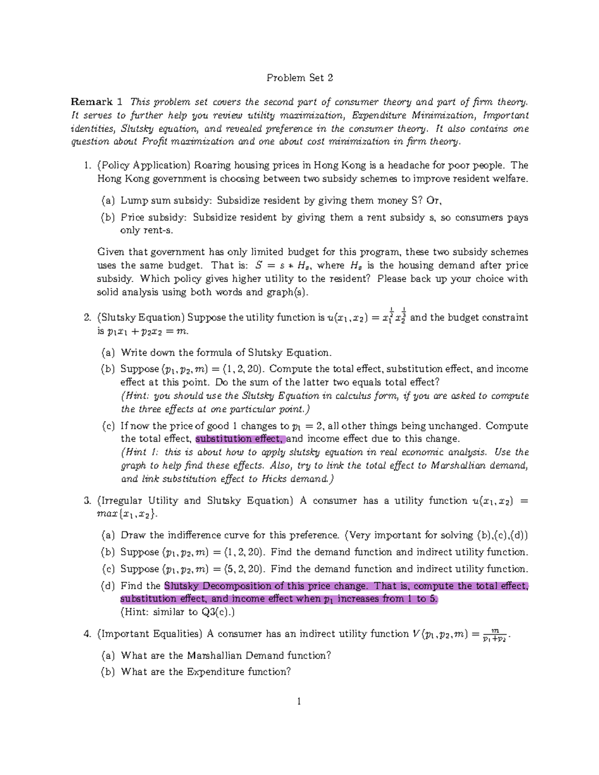 微观prob2 - jkjkl - Problem Set 2 Remark 1 This problem set covers the second part of consumer ...