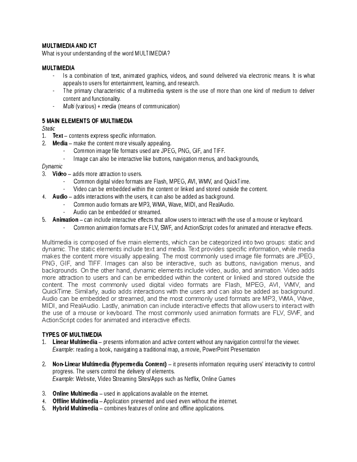 Multimedia AND ICT - MULTIMEDIA AND ICT What is your understanding of ...